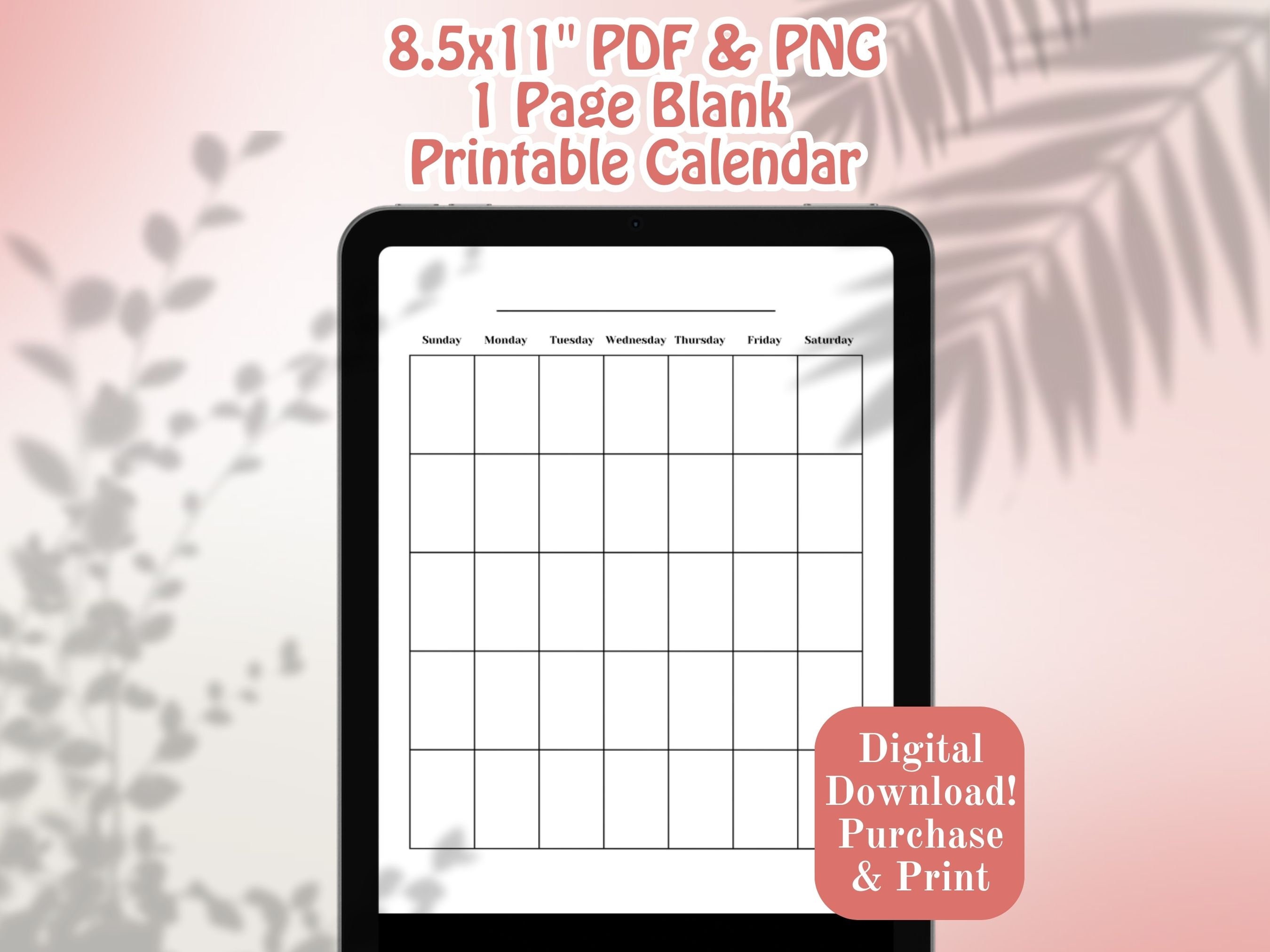Blank Calendar Printable, Print at Home, Monthly Blank Calendar, Simple ...