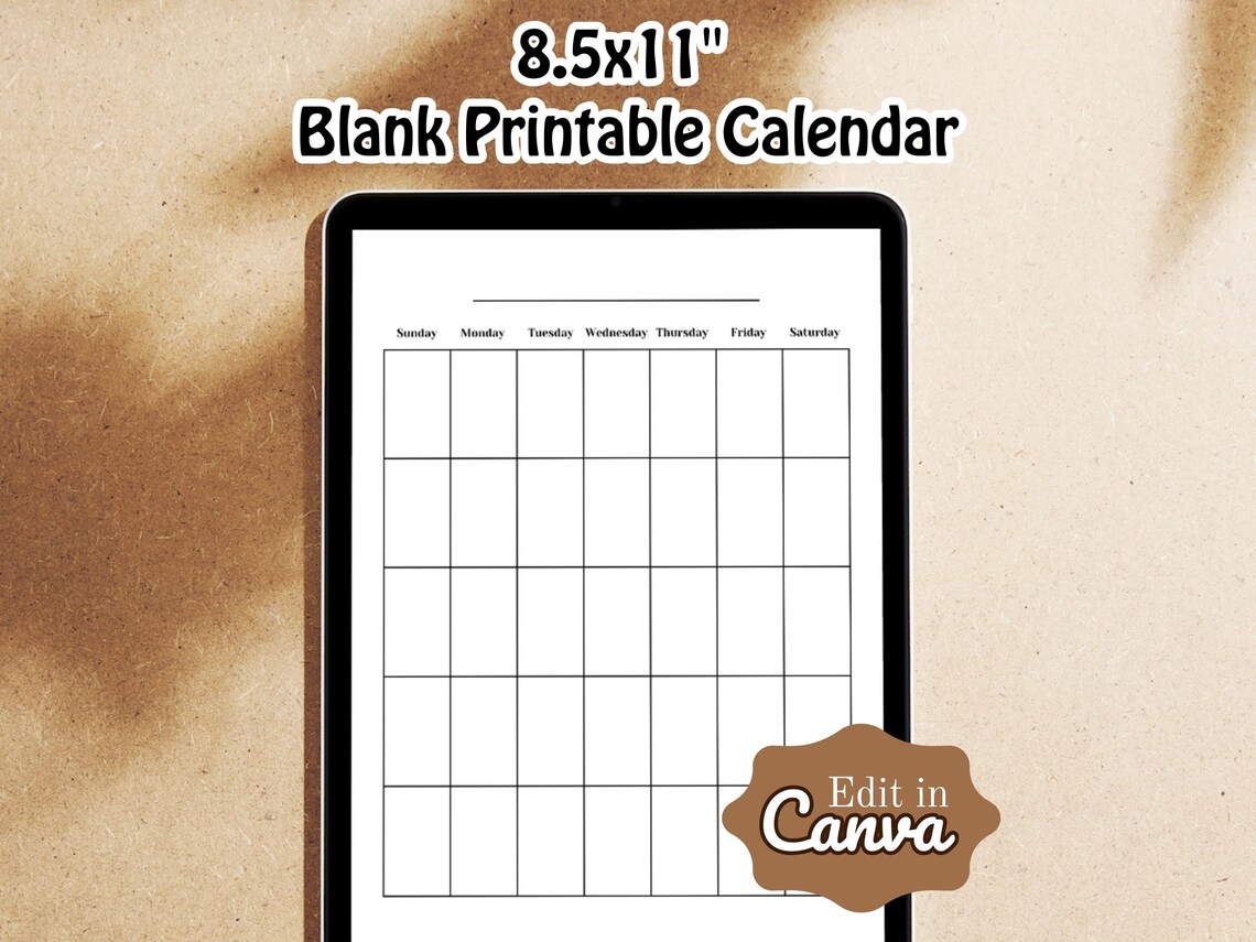 Blank Calendar Printable Canva Template Monthly Blank - Etsy