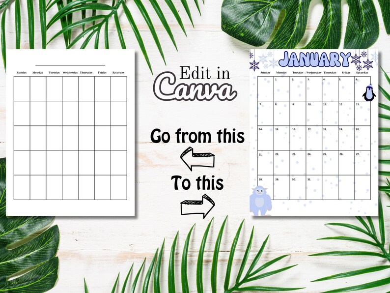 Blank Calendar Printable, Canva Template, Monthly Blank Calendar ...
