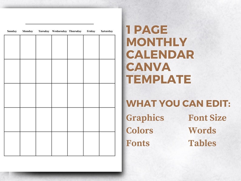 Blank Calendar Printable, Canva Template, Monthly Blank Calendar ...