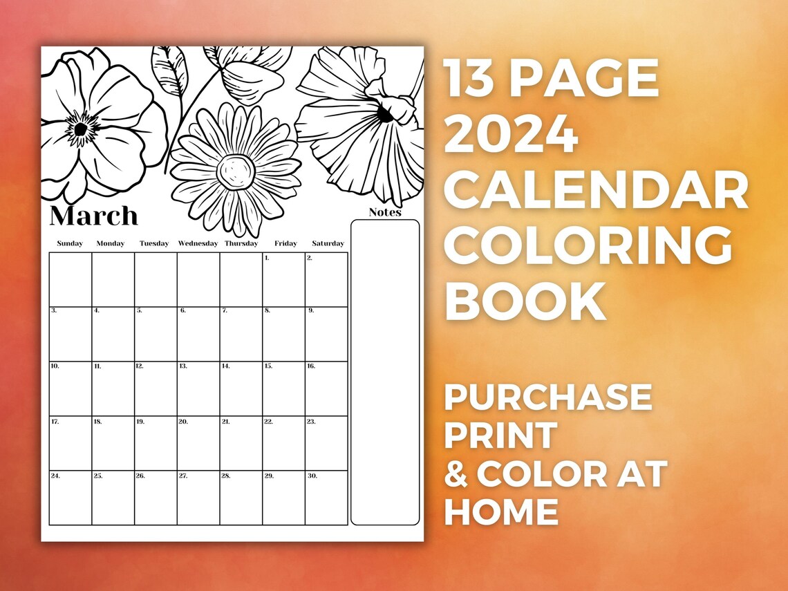 Printable Coloring Calendar, Calendar 2024 Digital Download, Blank ...