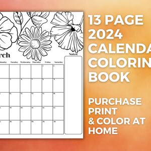 Printable Coloring Calendar, Calendar 2024 Digital Download, Blank ...