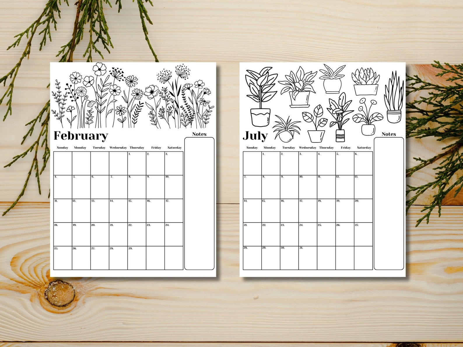 Printable Coloring Calendar, Calendar 2024 Digital Download, Blank ...