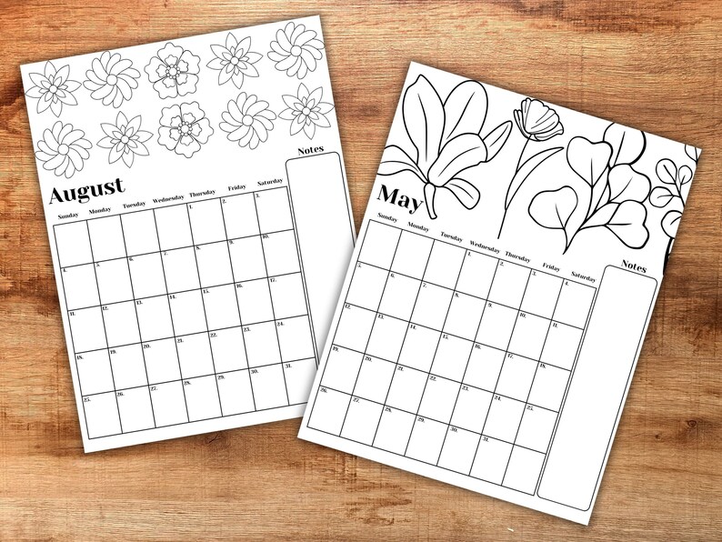 Printable Coloring Calendar, Calendar 2024 Digital Download, Blank ...
