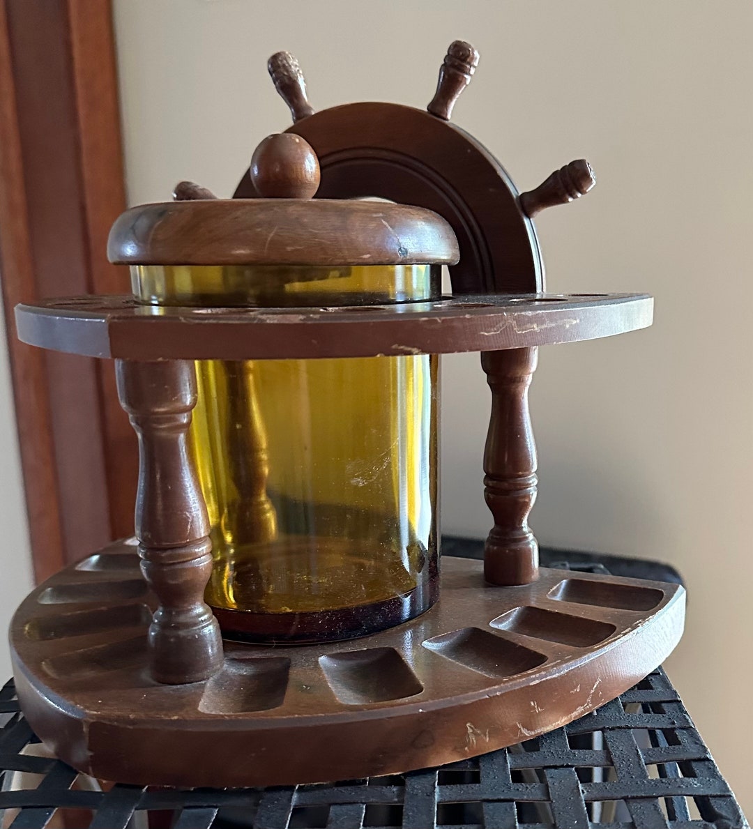 Vintage Nautical Ships Wheel 10 Pipe Walnut Rack & Yellow Glass Humidor ...