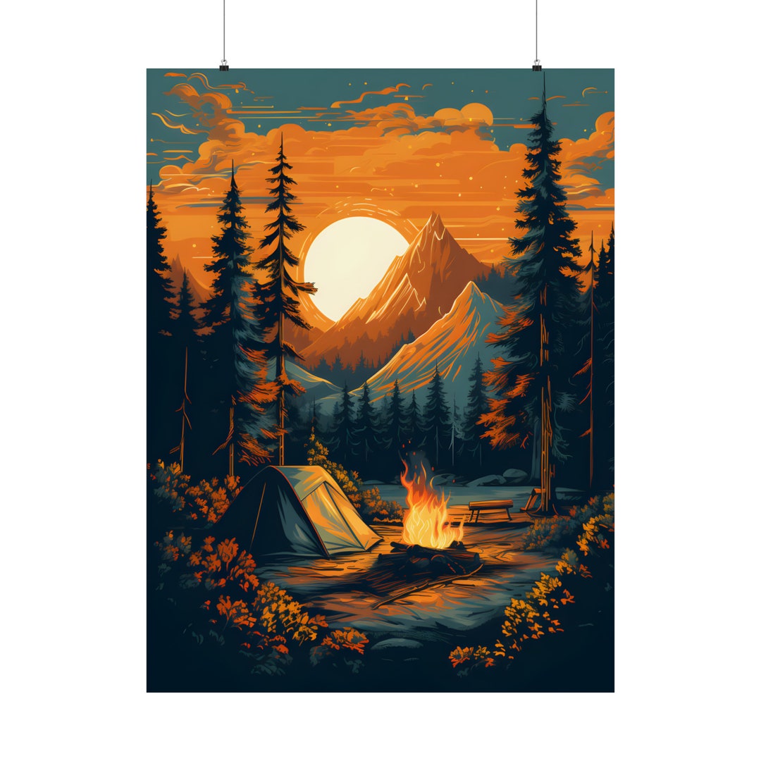 Retro Campfire With Tent and Sunset Wall Art Nature Poster Print ...