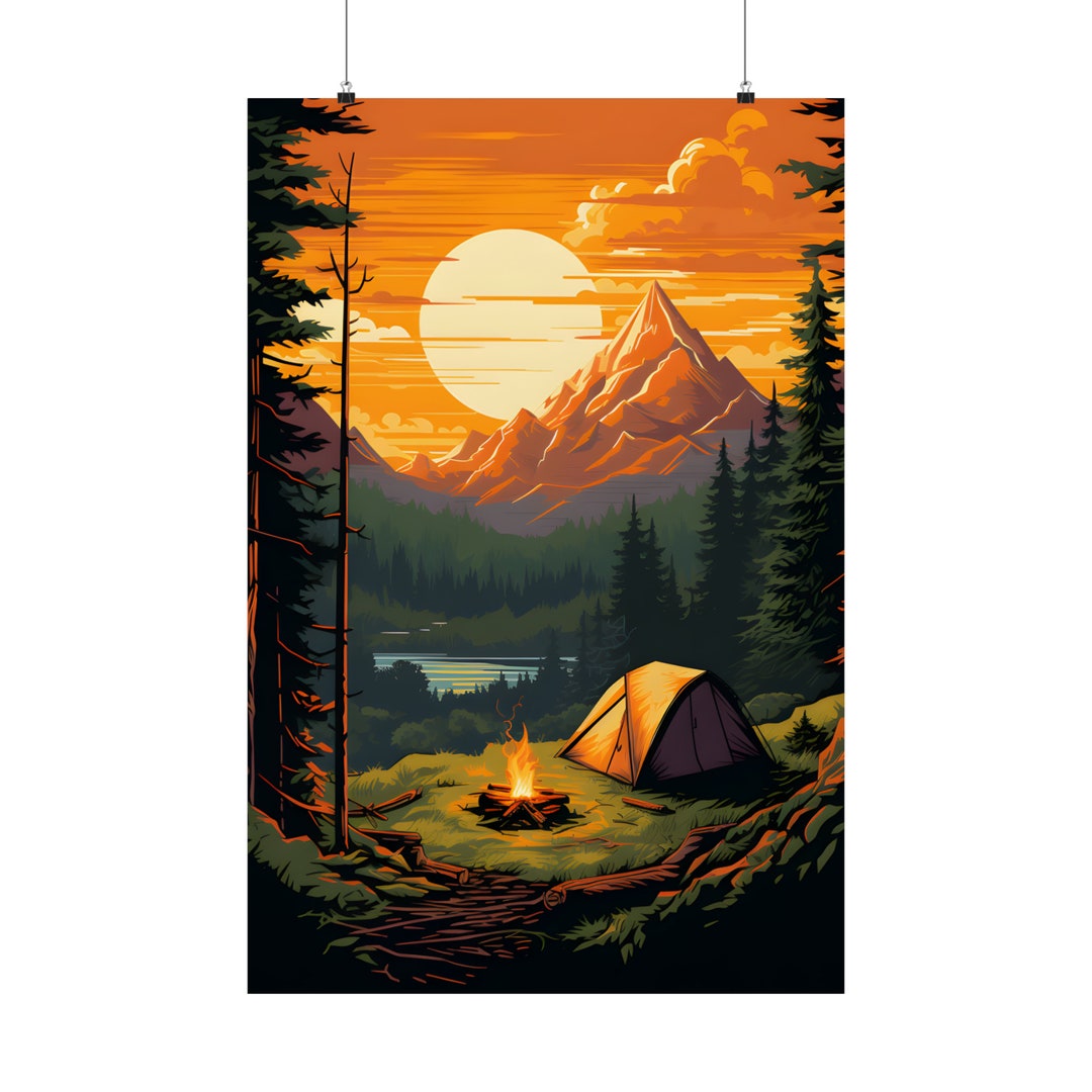 Retro Campfire With Mountain and Sunset Wall Art Nature Poster Print ...