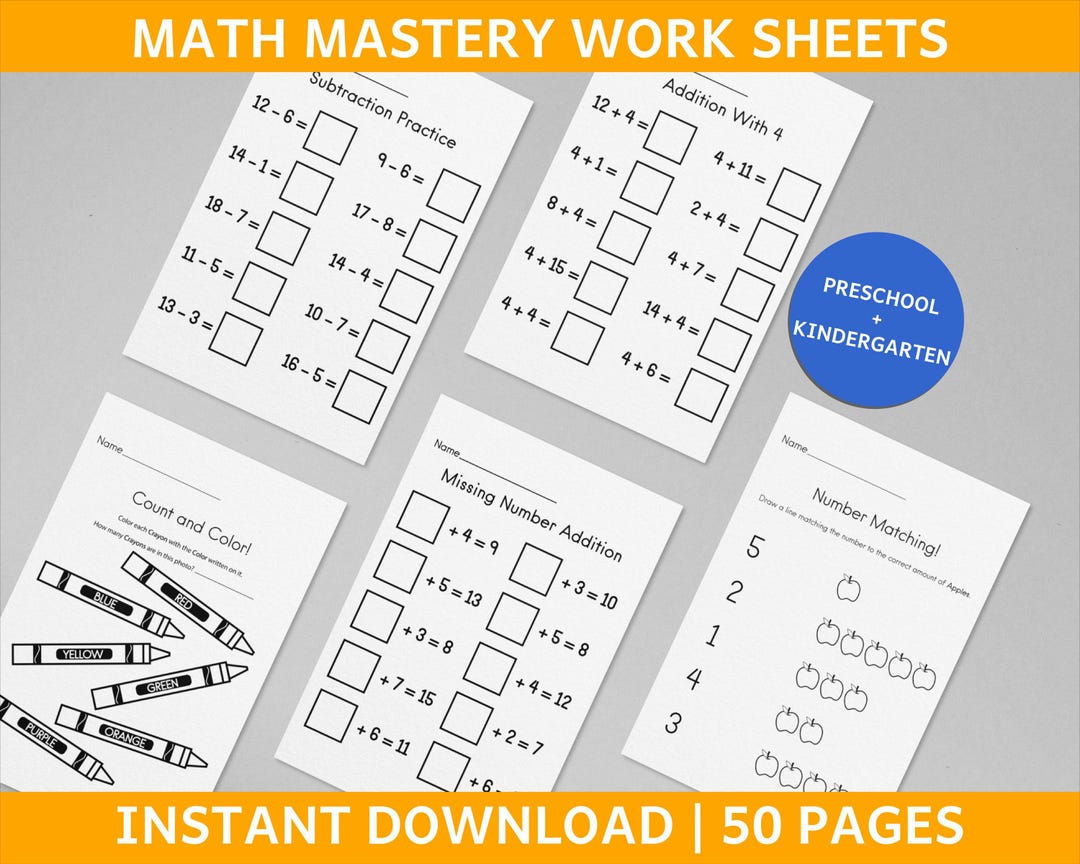 50 Math Mastery Worksheets for Preschool & Kindergarten | Addition ...