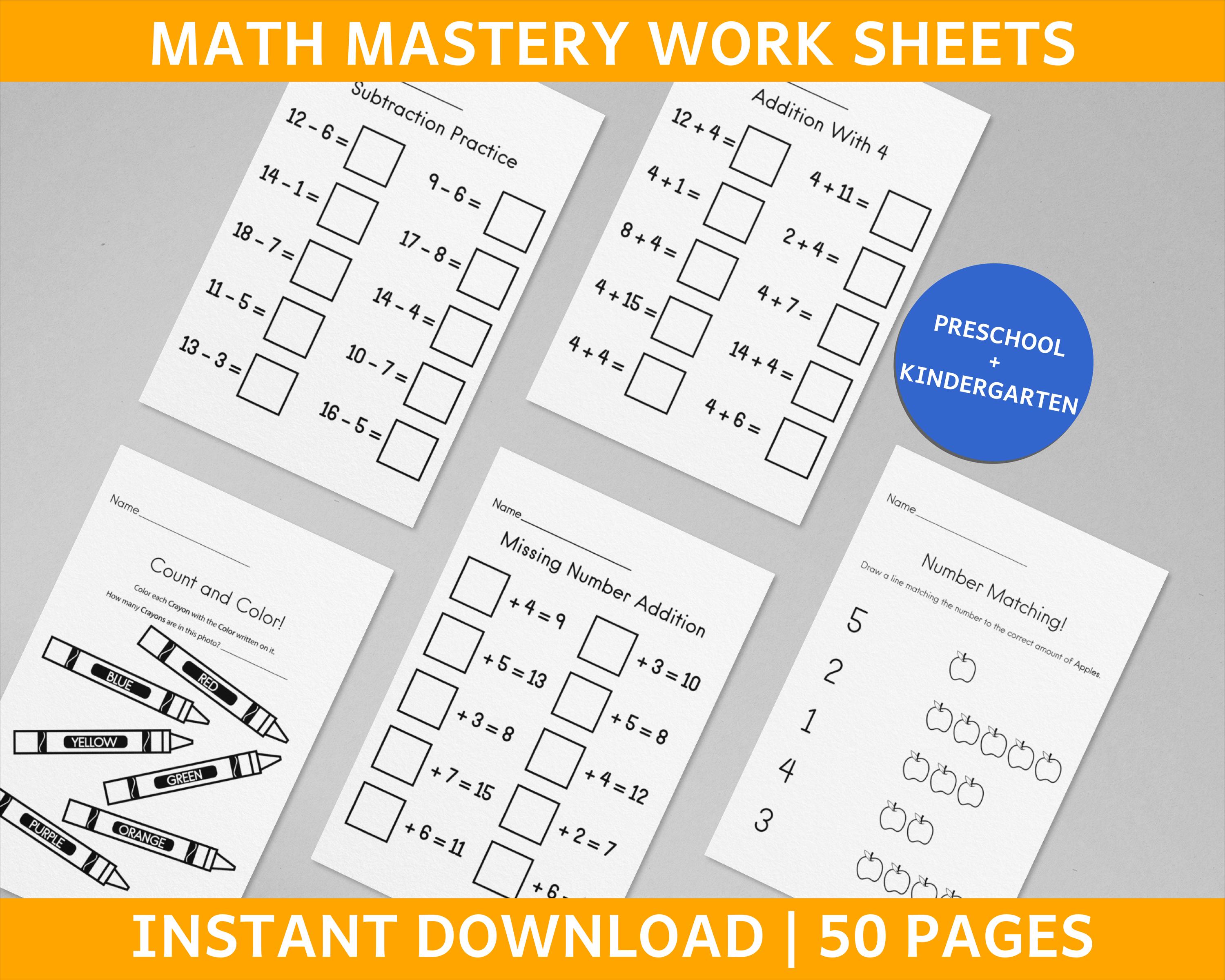 50 Math Mastery Worksheets for Preschool & Kindergarten | Addition ...