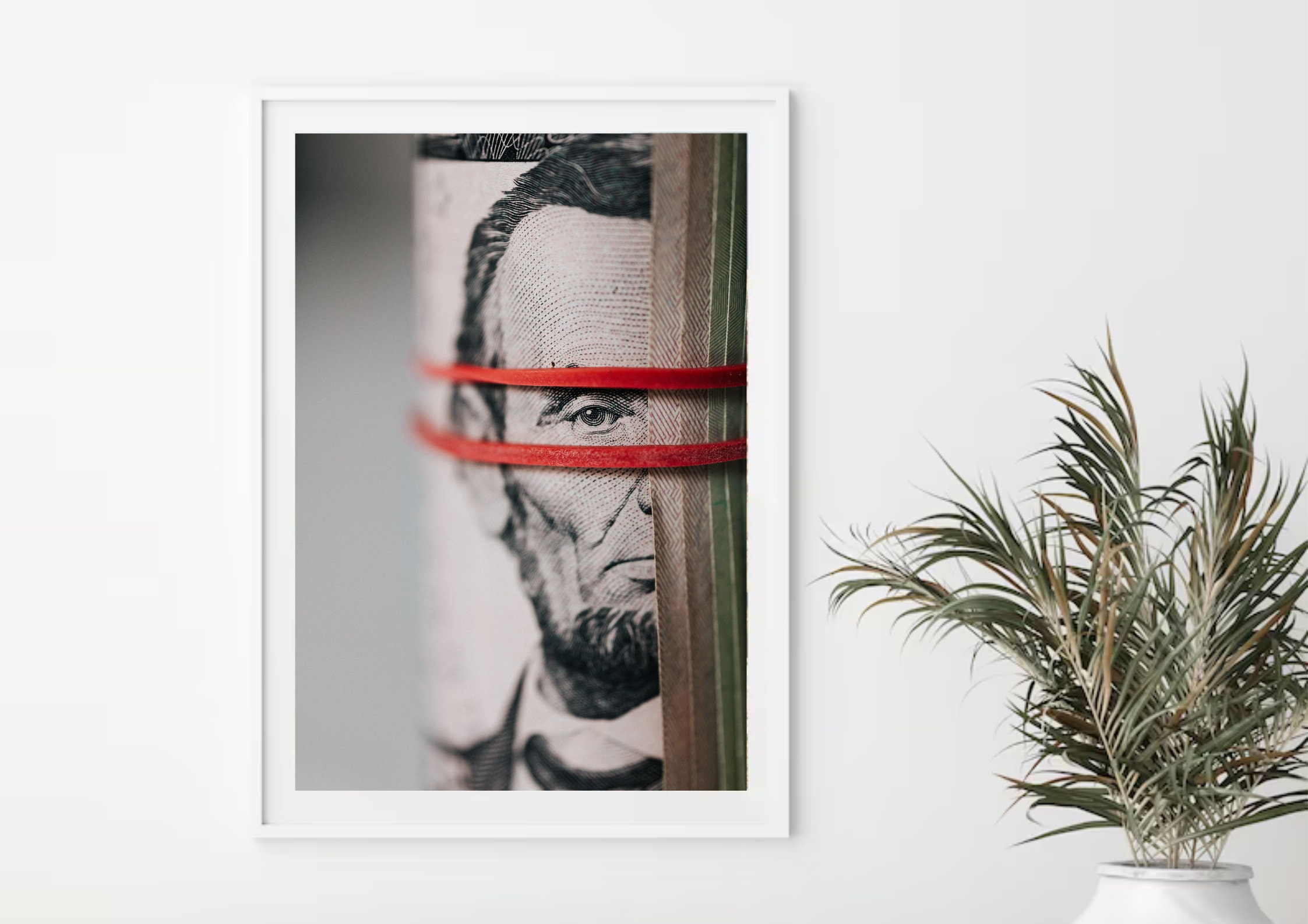 Money Art Print - Crisp 5 Dollar Bill Roll Secured With Red Rubber Band ...
