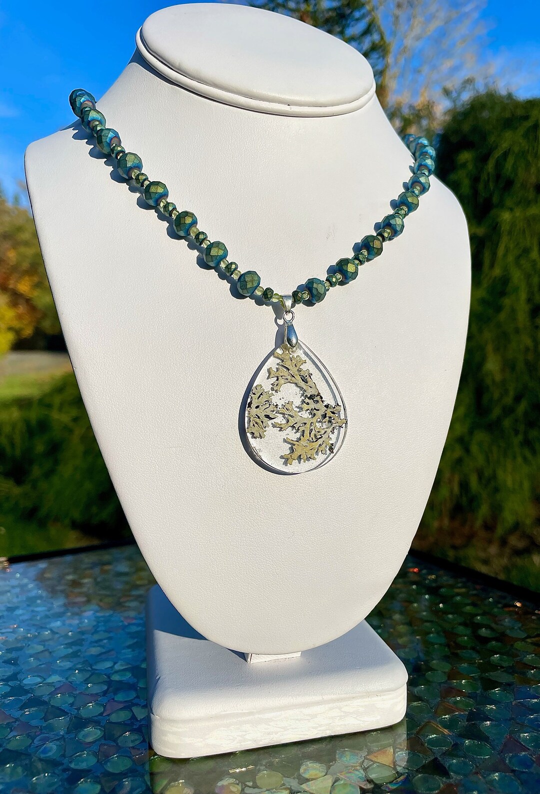 Lichen Pendant on Glass and Peridot Beaded Necklace - Etsy
