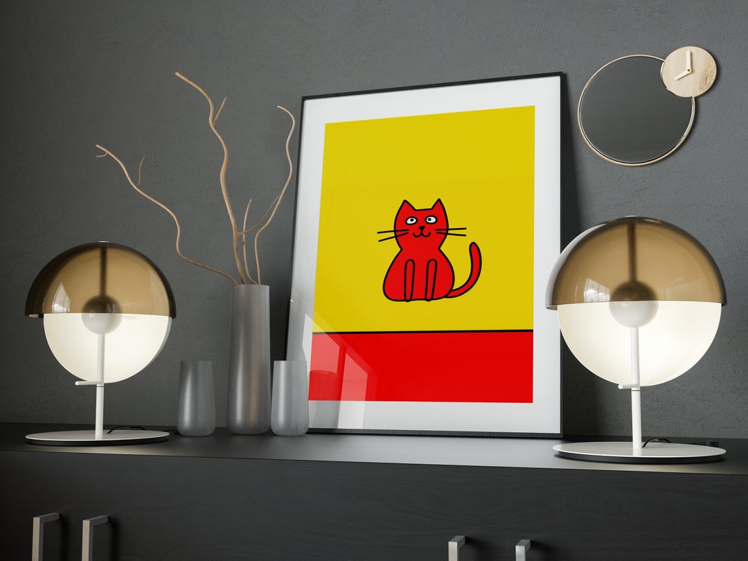 Red Cat Art Poster: Minimalist Drawing on Yellow Canvas - Etsy