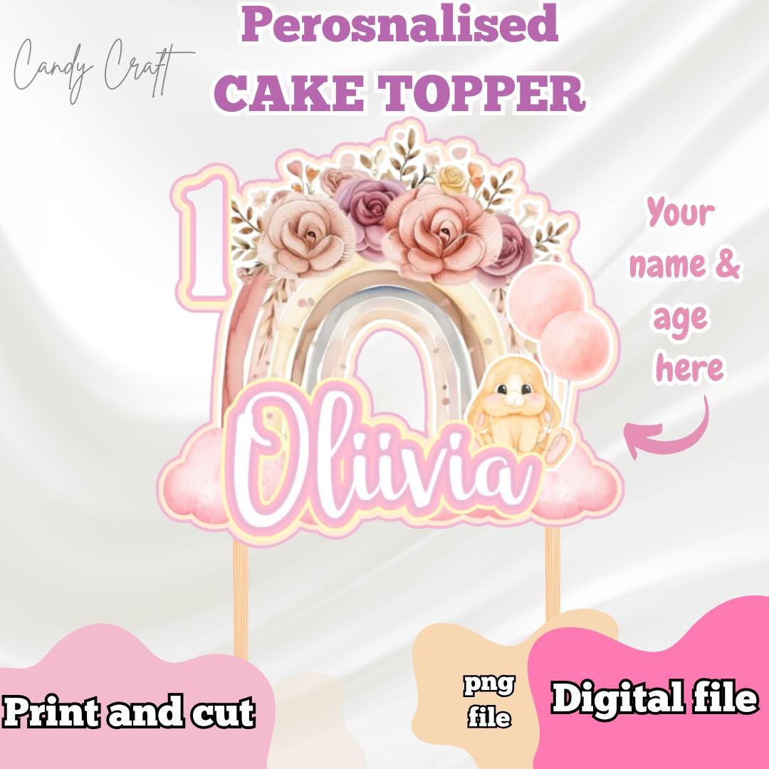 Bunny Cake Topper Printable File Cake Topper, DIY, Baby Girl, Cute ...