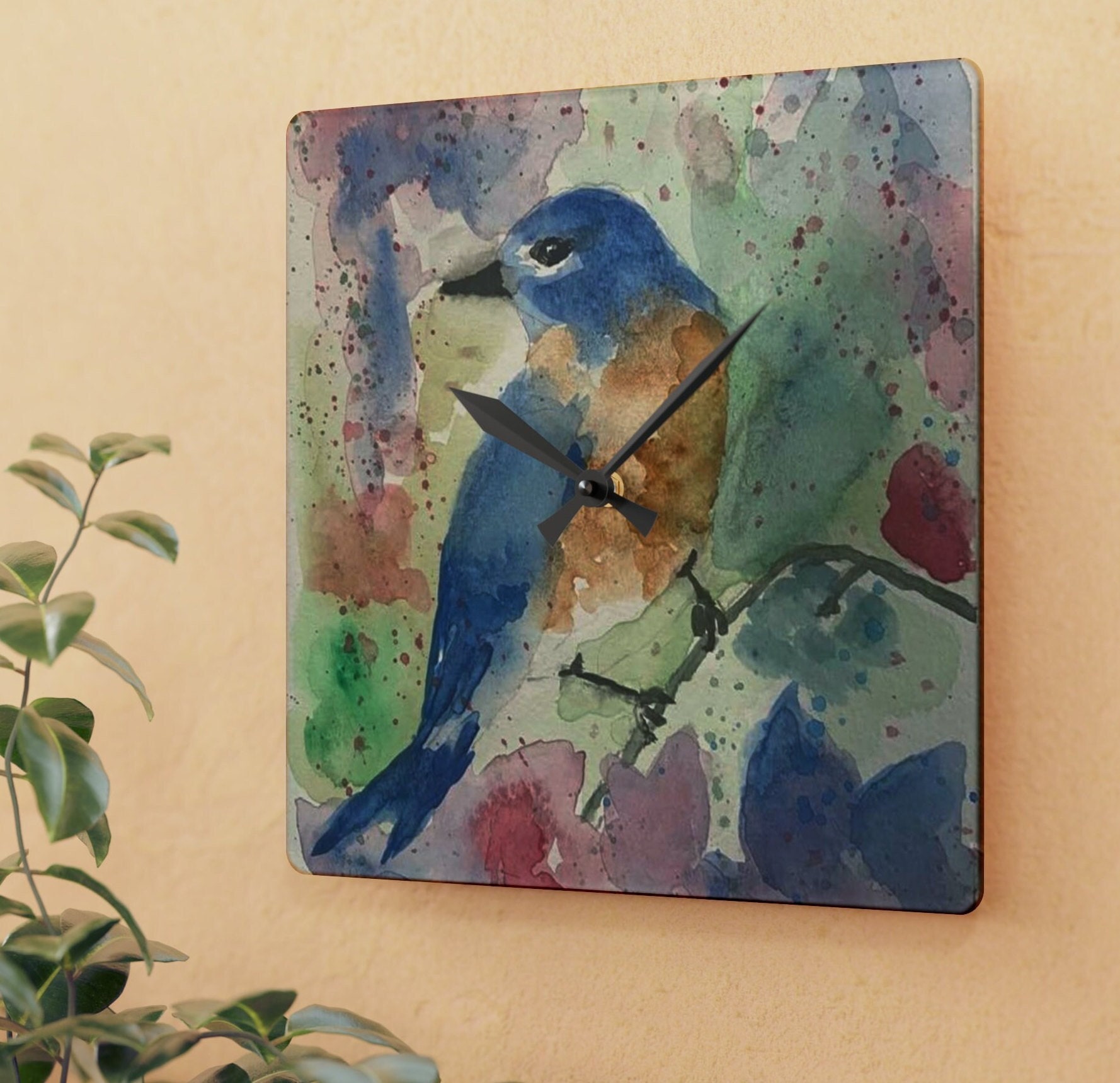 Watercolor Bird Wall Clock Watercolor Bluebird Clock Bird Painting ...