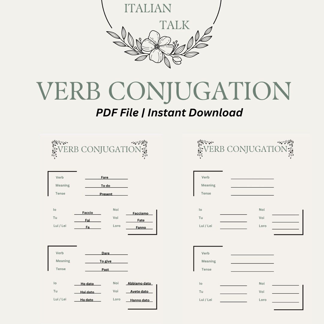 Italian Verb Practice Conjugation Tables Instant Download. - Etsy