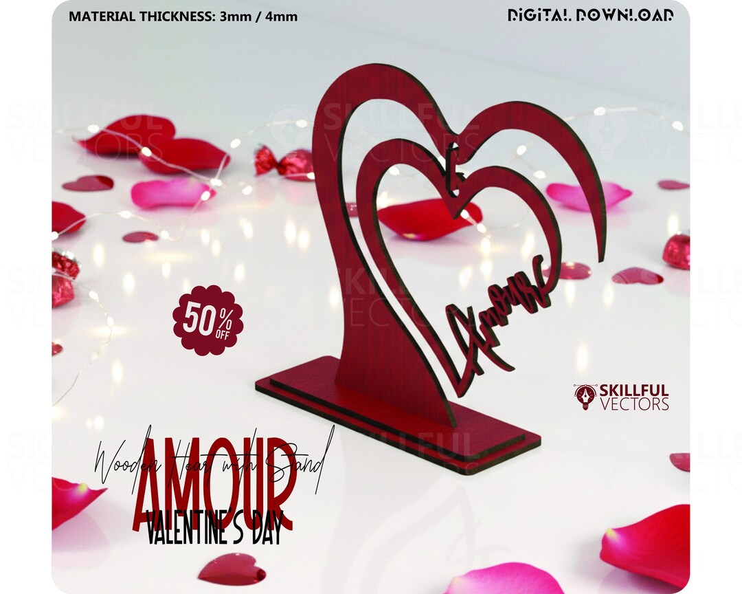 AMOUR Wooden Heart With Stand Laser Cut SVG Files, Wooden Gifts ...
