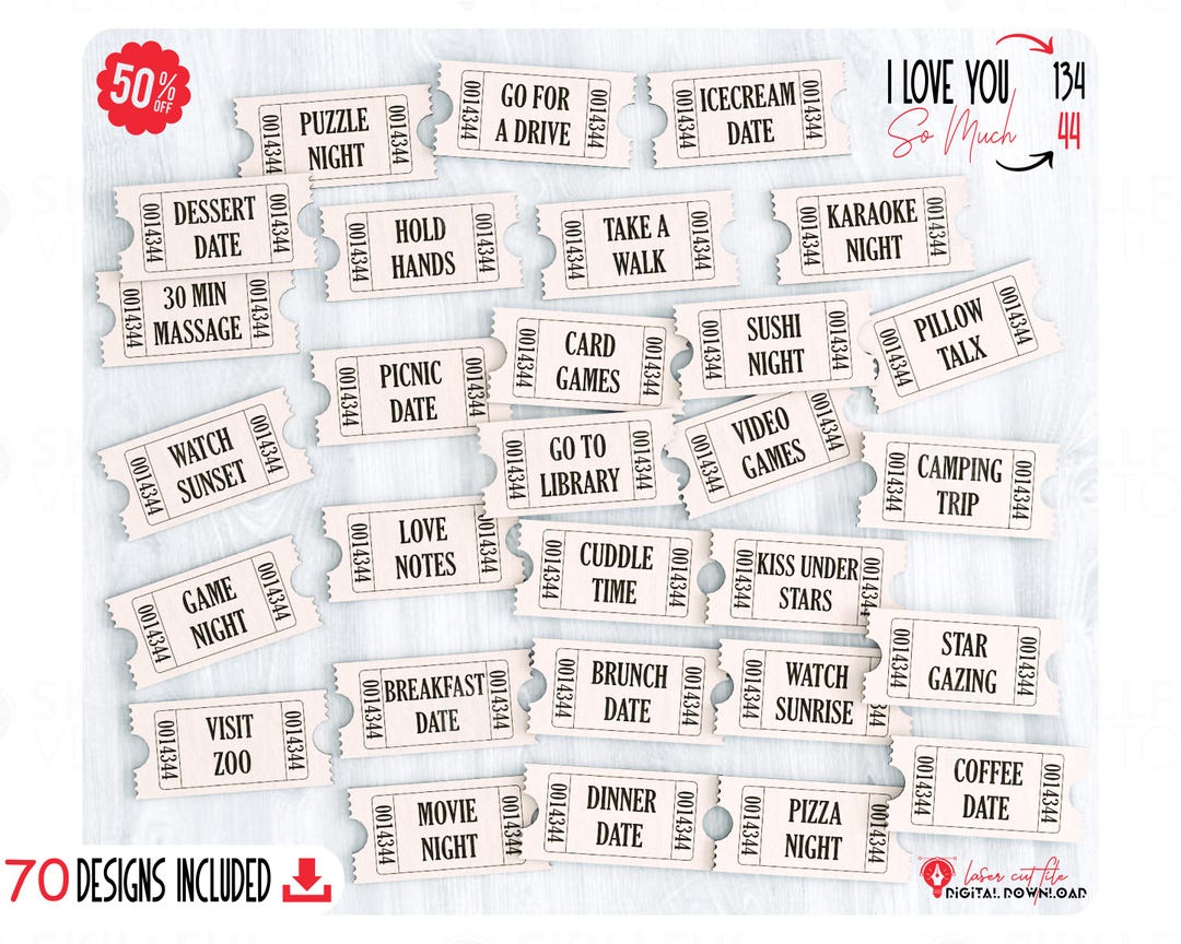 Mega Pack of 70 Date Night Ticket SVG Bundle Love Tokens Couples Gift Love Messages Svg ...
