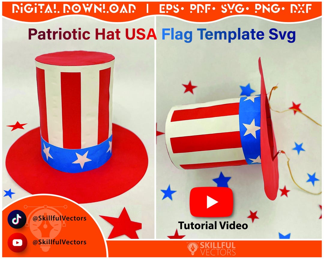 Patriotic Hat USA Flag Template, Top Hat SVG Template, 4th of July ...