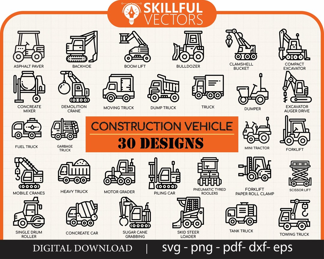 30 Construction Vehicles Line Svg Bundle, Construction Trucks SVG ...