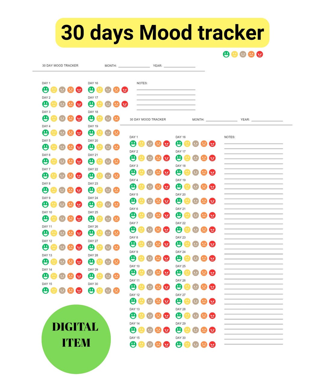 30-day Mood Tracker Printable: Psychological State Monitoring (PDF ...