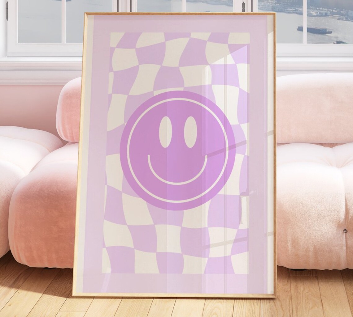 Lilac Checkered Smile Face Digital Art, Preppy Lavender Purple Wall Art ...