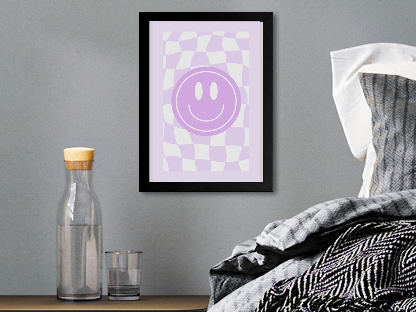 Lilac Checkered Smile Face Digital Art, Preppy Lavender Purple Wall Art ...