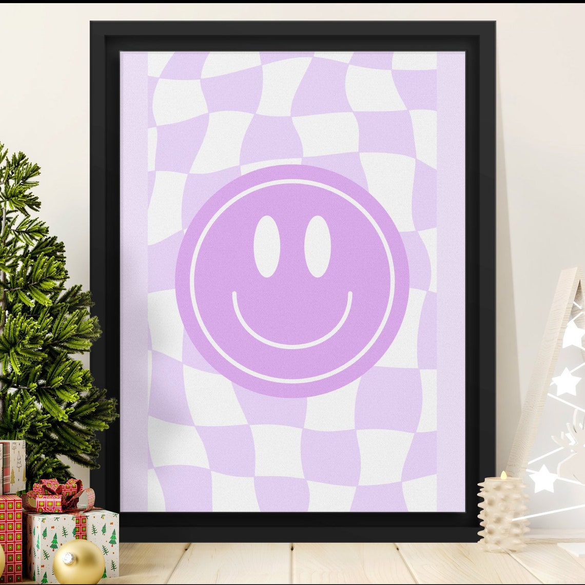 Lilac Checkered Smile Face Digital Art, Preppy Lavender Purple Wall Art ...
