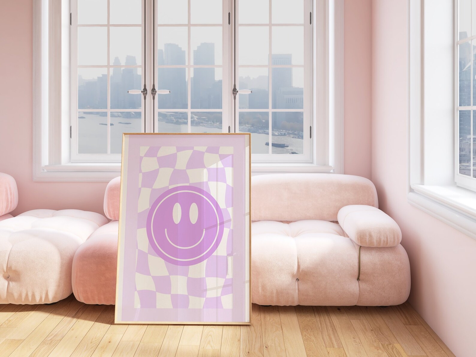 Lilac Checkered Smile Face Digital Art, Preppy Lavender Purple Wall Art ...