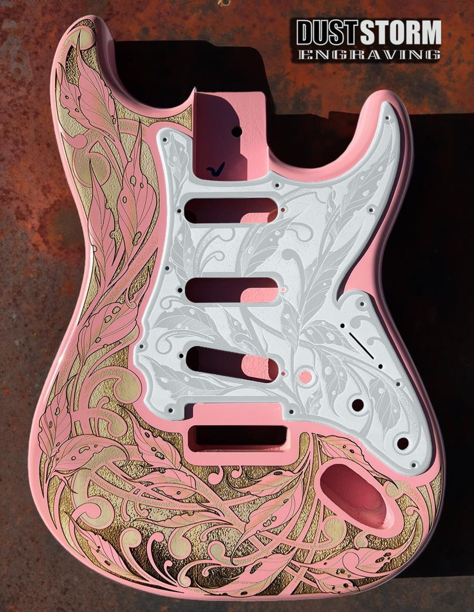 Custom Laser Engraved Pink Fender Strat Guitar Body With White Glossy ...