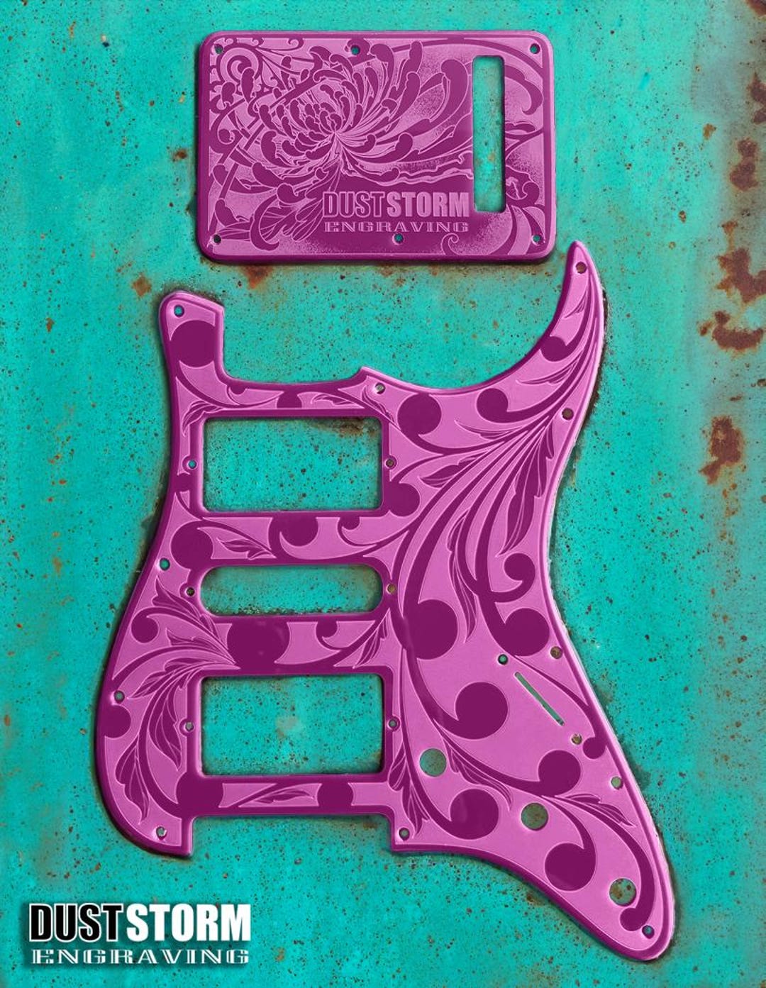 Engraved Glossy Purple Acrylic Pickguard and Tremolo Cover Design 2 for ...