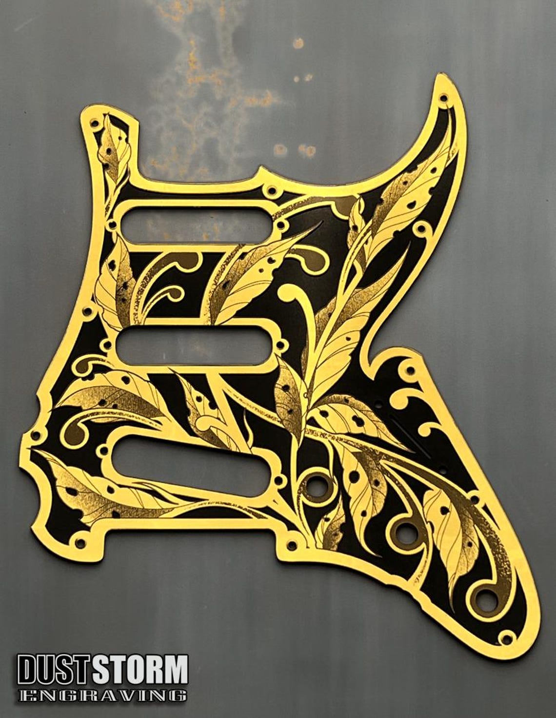 Engraved Stratocaster Pickguard: Gold & Black Layered Acrylic Mirror ...