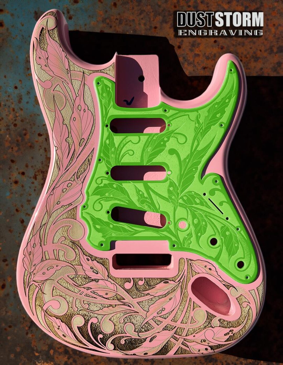 Laser Engraved Pink Strat Guitar Body: Slimer Green Acrylic Pickguard ...