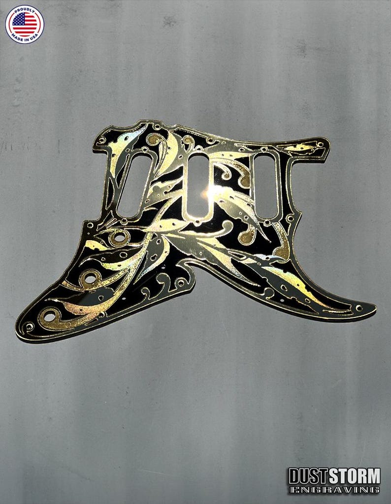 Engraved Stratocaster Pickguard: Gold & Black Layered Acrylic Mirror ...