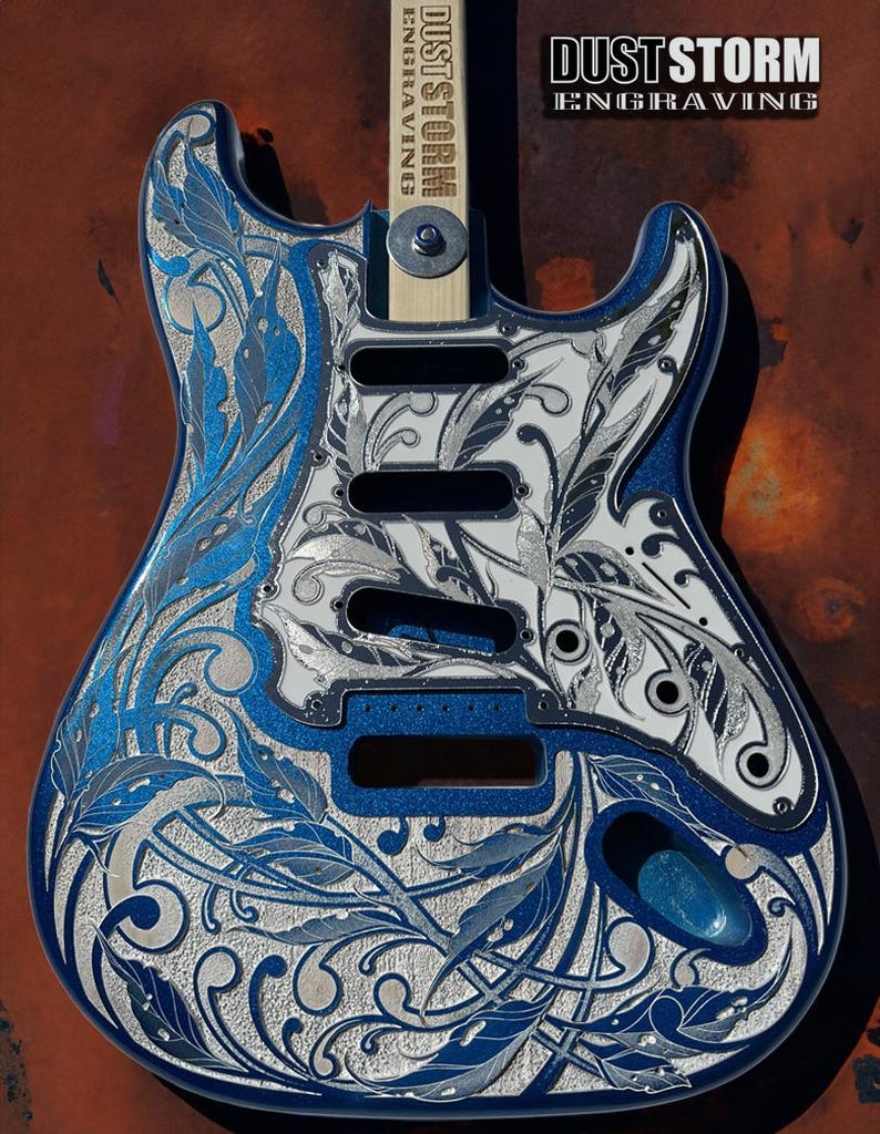 Custom Laser Engraved Blue Sparkle & White Fender Strat Guitar Body ...