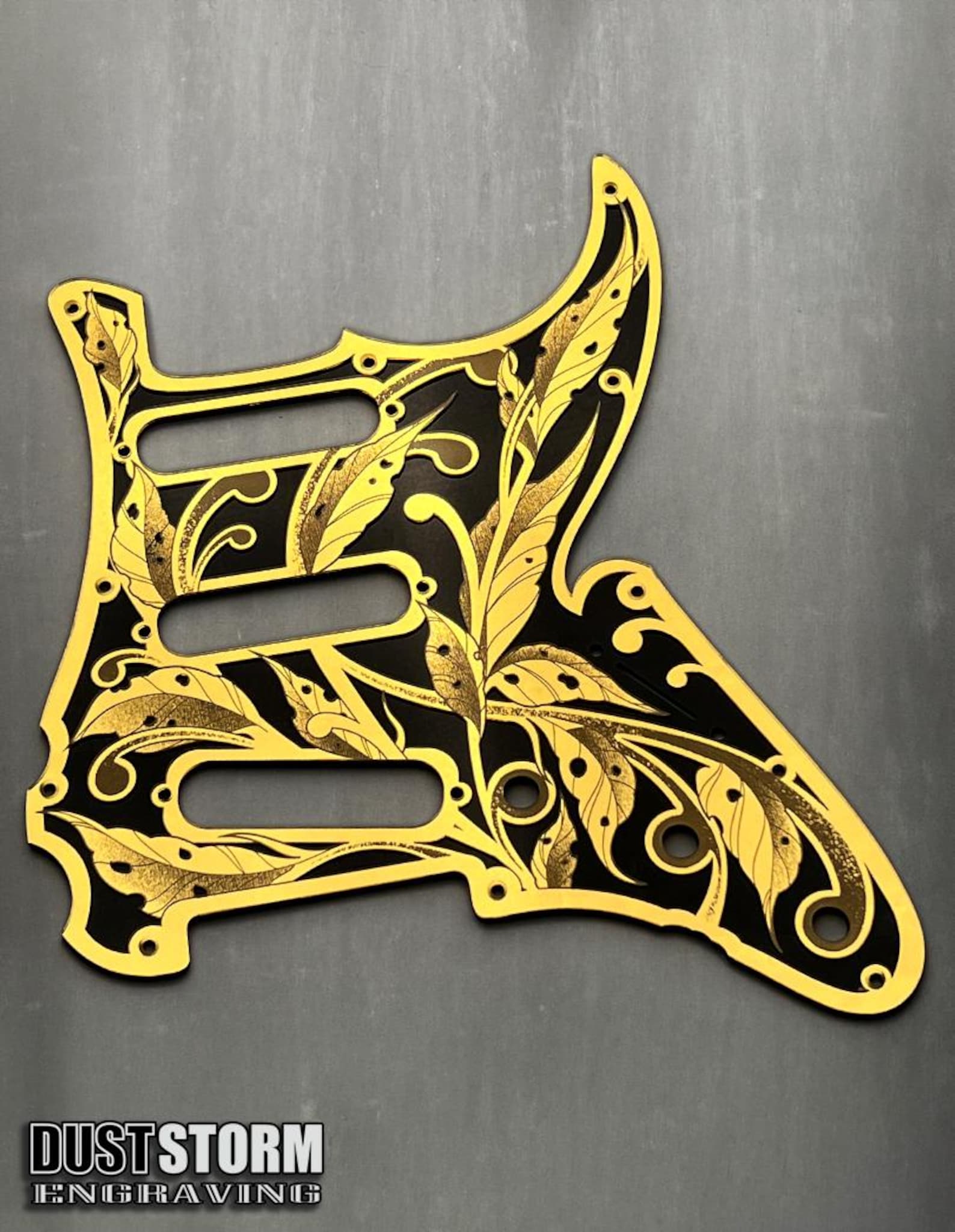 Engraved Stratocaster Pickguard: Gold & Black Layered Acrylic Mirror ...