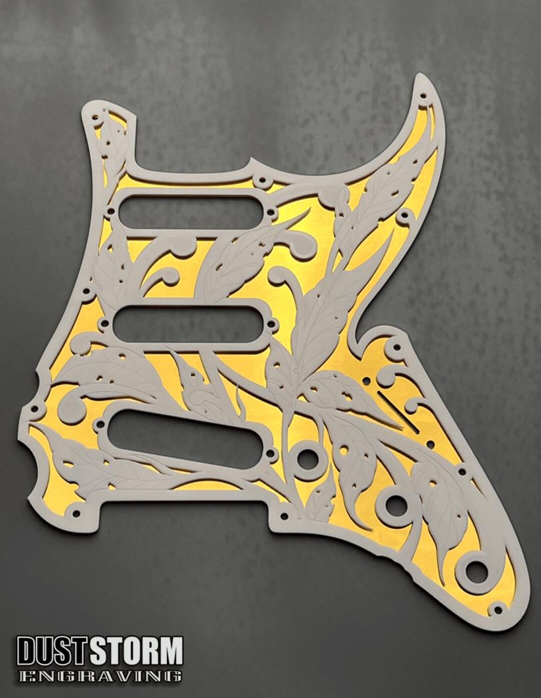 Engraved Stratocaster Pickguard: Gold & White Acrylic Mirror, HSH/HSS ...