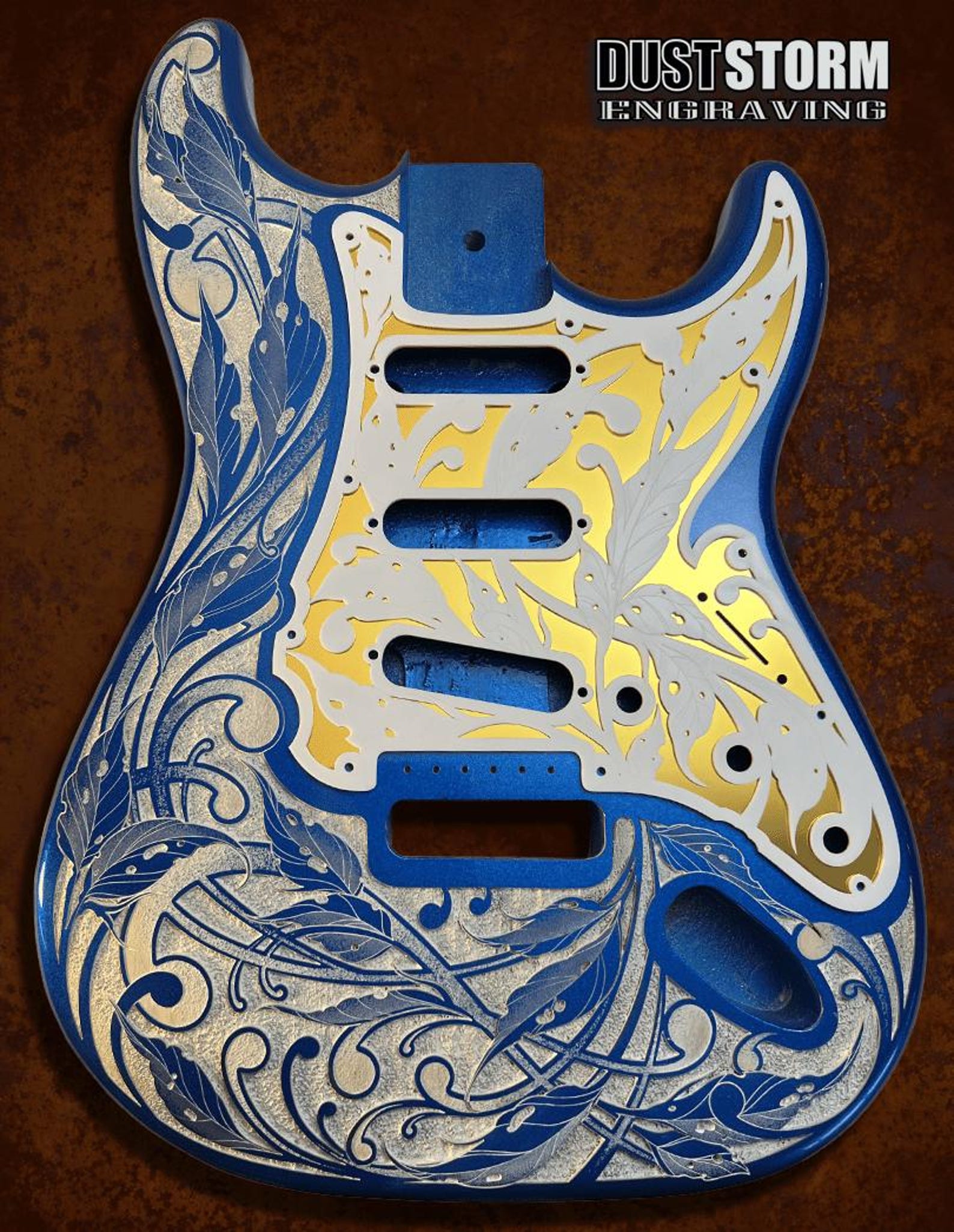 Fender Strat Guitar Body Custom Laser Engraved Blue Sparkle and White ...