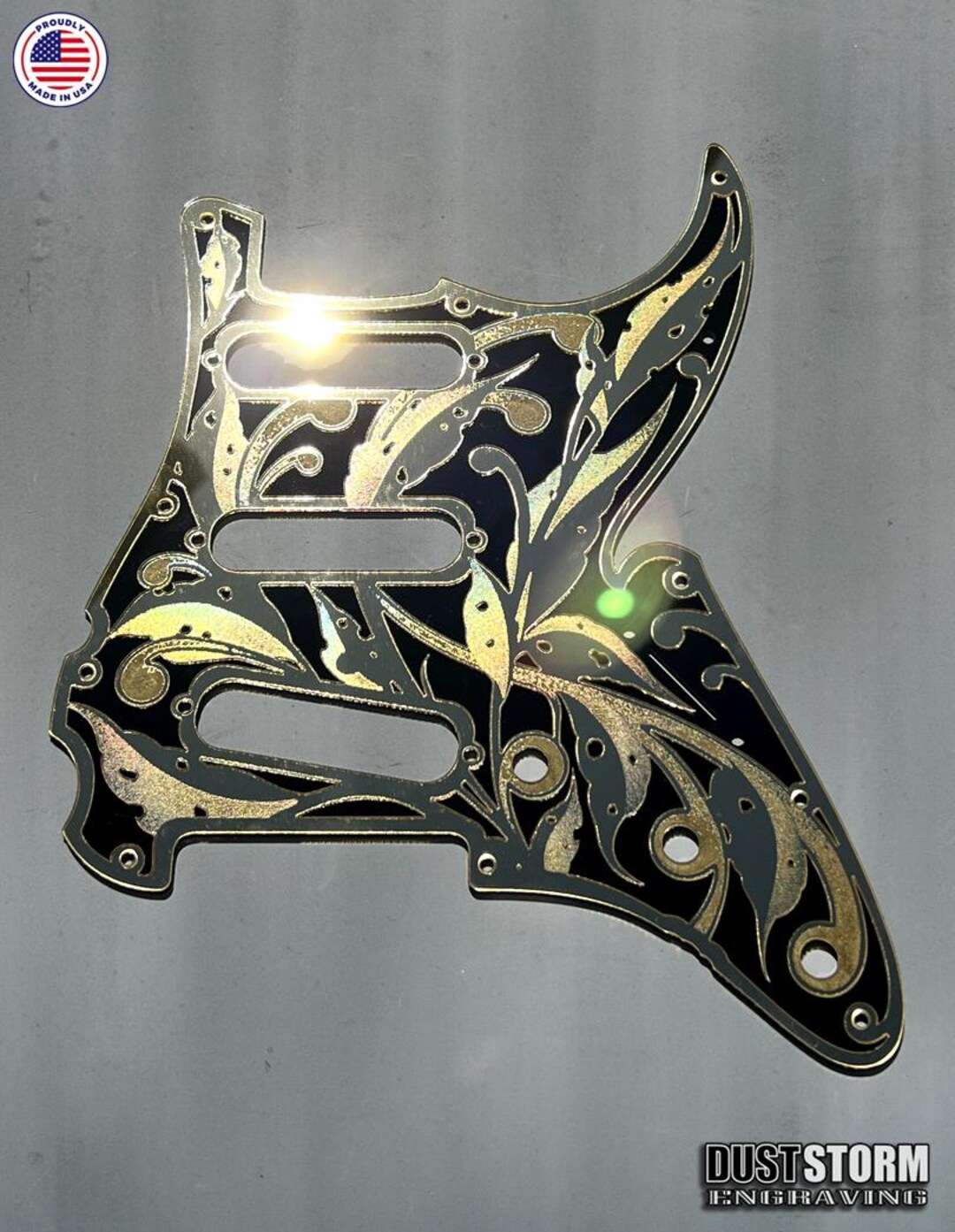Engraved Stratocaster Pickguard: Gold & Black Layered Acrylic Mirror ...
