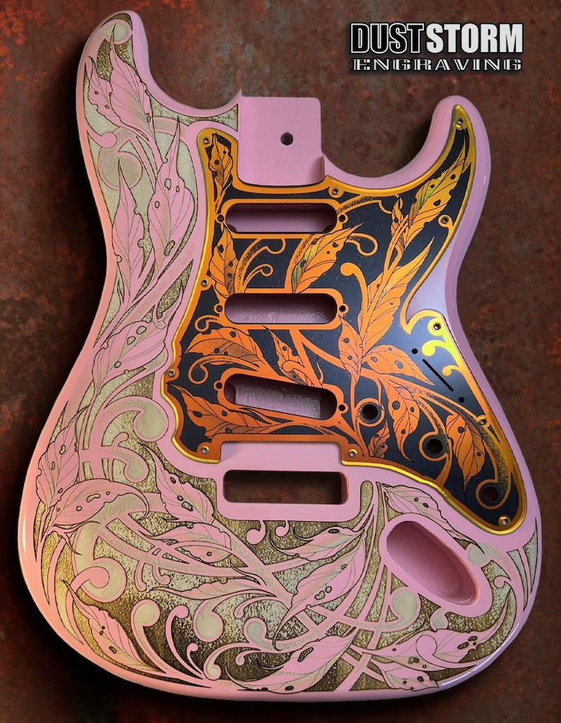 Pink Stratocaster Style Engraved Guitar Body: Iridescent Gold Acrylic ...
