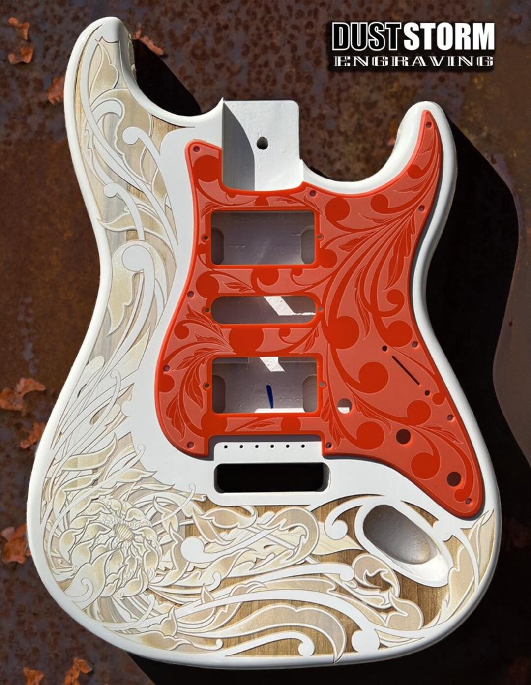 Custom Laser Engraved White Fender Strat Guitar Body With Glossy Orange ...