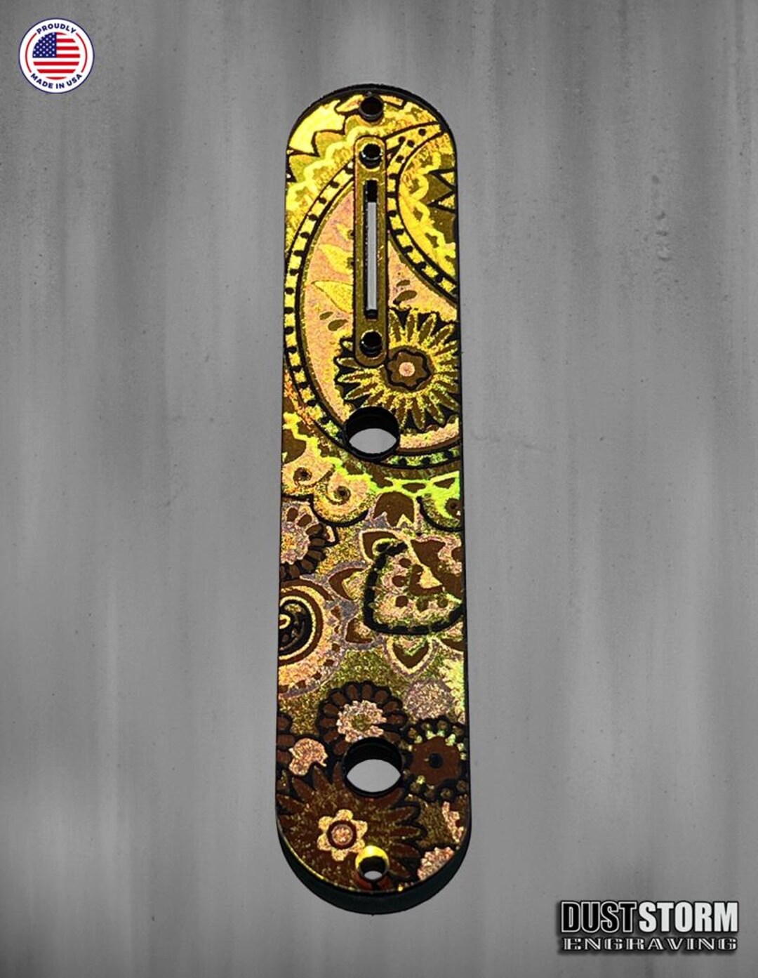 Laser‑engraved Paisley Telecaster Toggle Control Plate in Golden Copper ...
