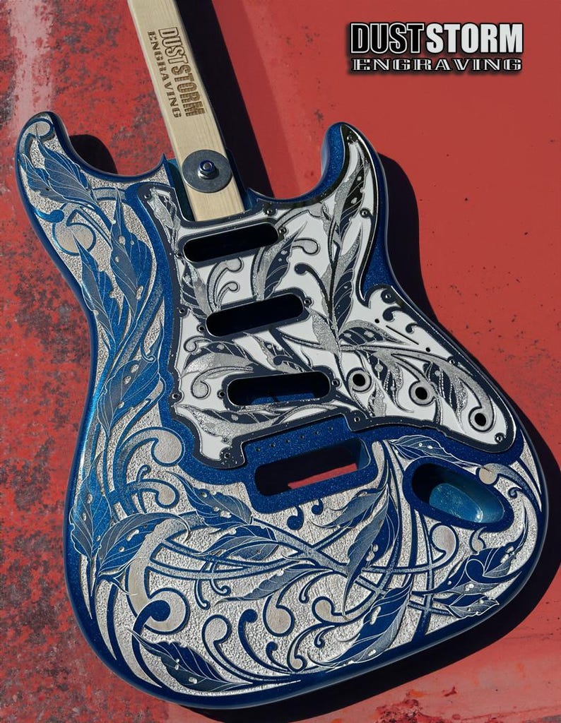 Custom Laser Engraved Blue Sparkle & White Fender Strat Guitar Body ...