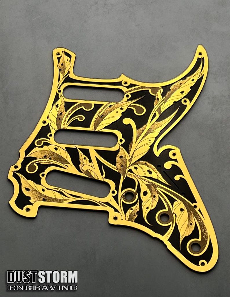 Engraved Stratocaster Pickguard: Gold & Black Layered Acrylic Mirror ...