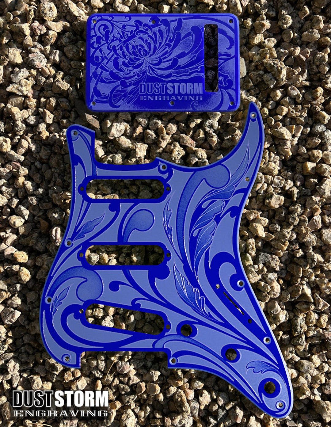 Engraved Glossy Blue Acrylic Pickguard and Tremolo Cover for Fender ...