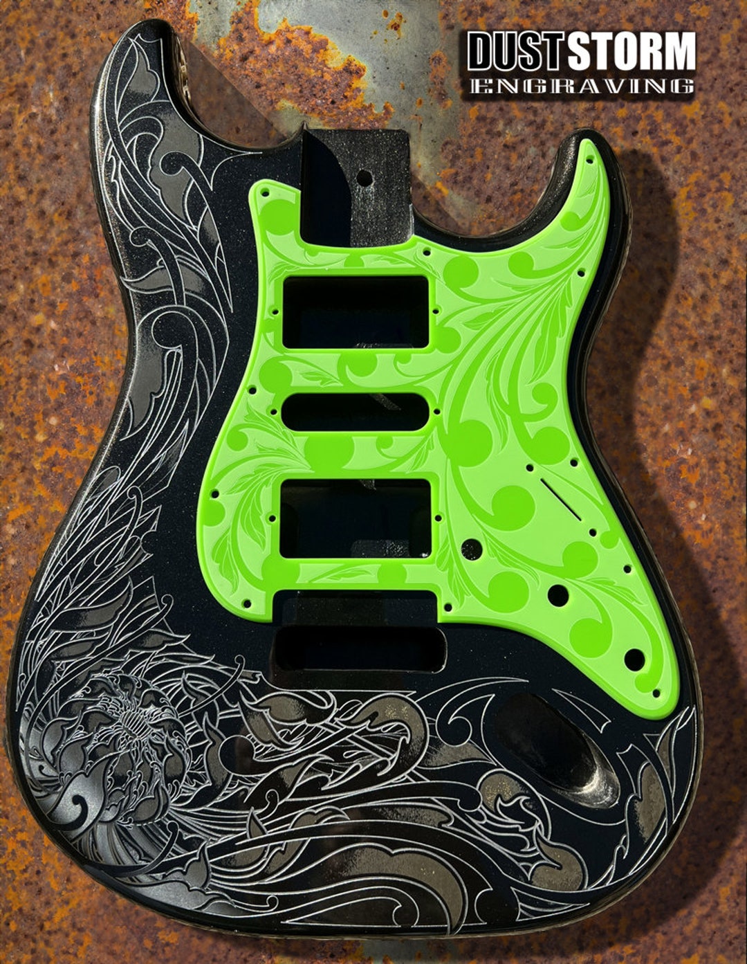 Custom Laser Engraved Black Fender Strat Guitar Body With Glossy Slimer ...
