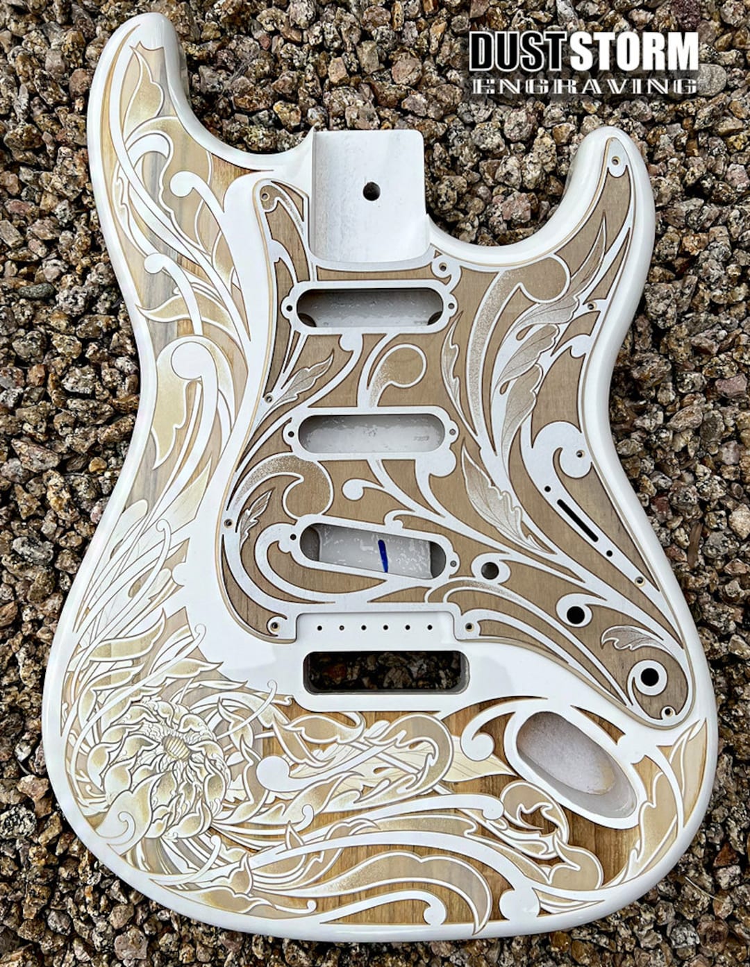 Custom Laser Engraved White Fender Strat Guitar Body With Glossy Black ...