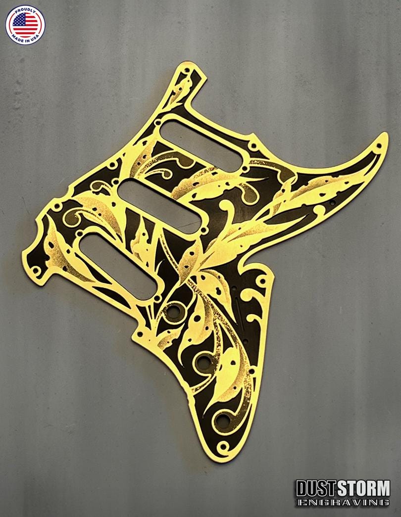 Engraved Stratocaster Pickguard: Gold & Black Layered Acrylic Mirror ...