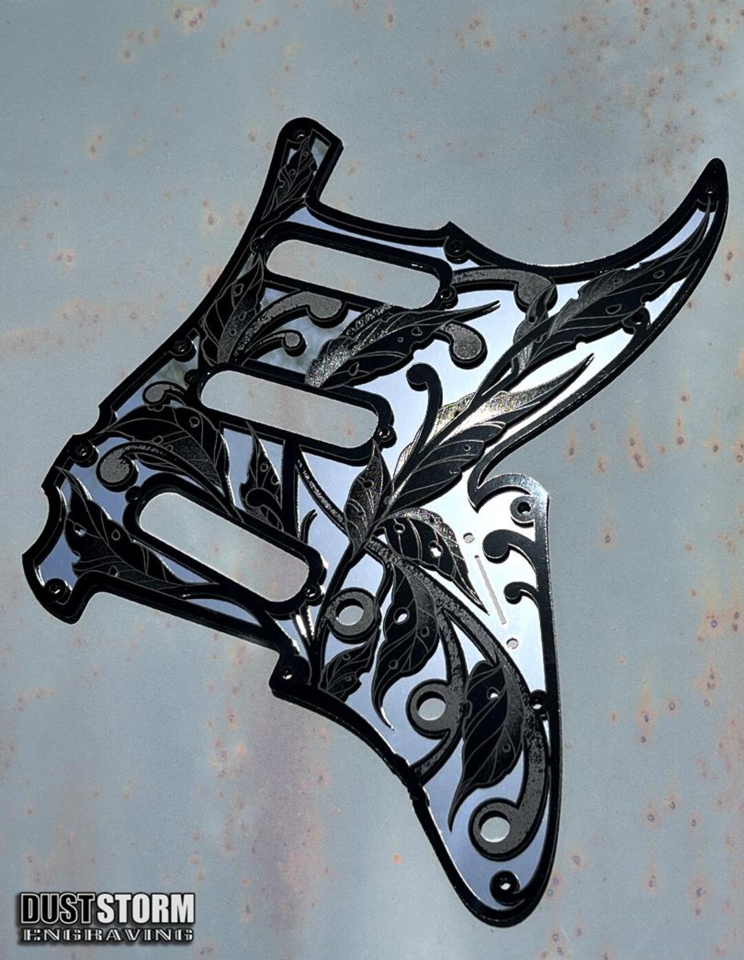 Engraved Stratocaster Pickguard: Layered Silver Mirror & Black Acrylic ...
