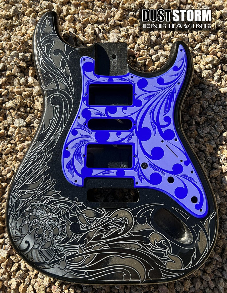 Custom Laser Engraved Black Fender Strat Guitar Body With Glossy Blue ...