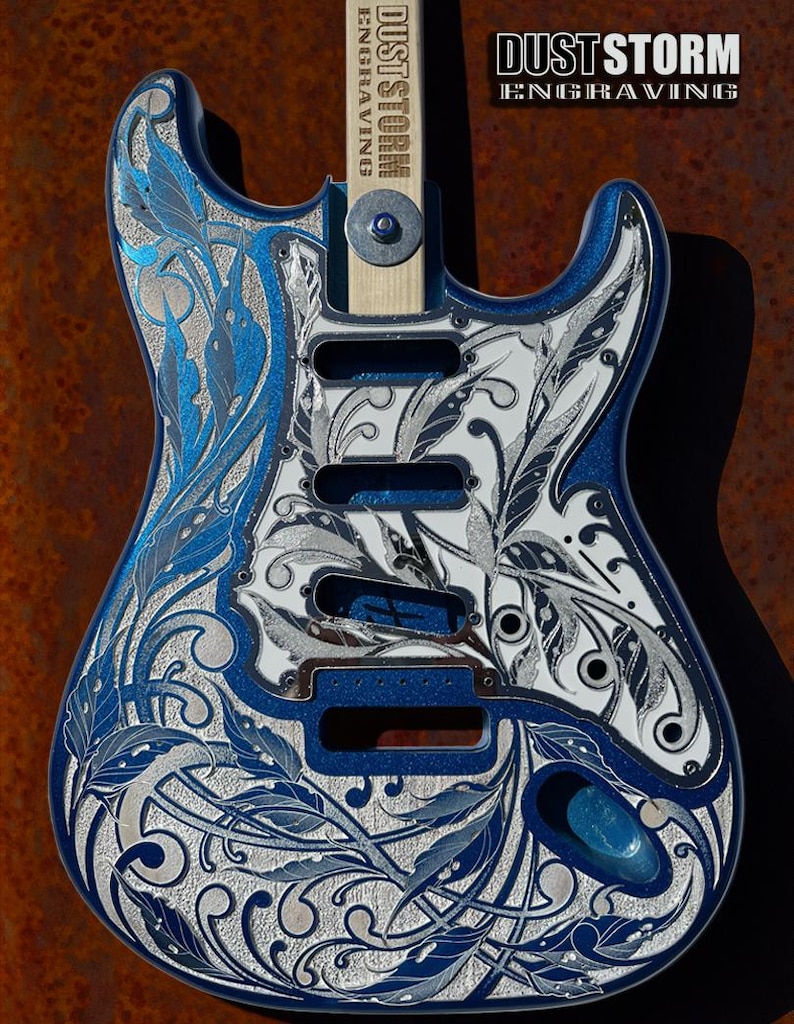 Engraved Blue Sparkle Strat Style Guitar Body: Silver Mirror Pickguard ...